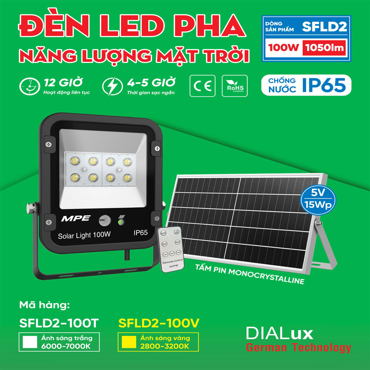 LED pha năng lượng mặt trời 100W ánh sáng vàng SFLD2-100V – MPE – Thiết bị điện Huy Hoàng